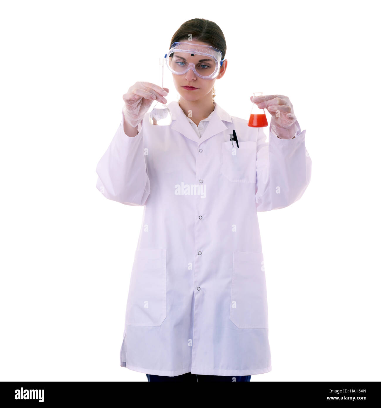 Female assistant scientist in white coat over isolated background Stock ...