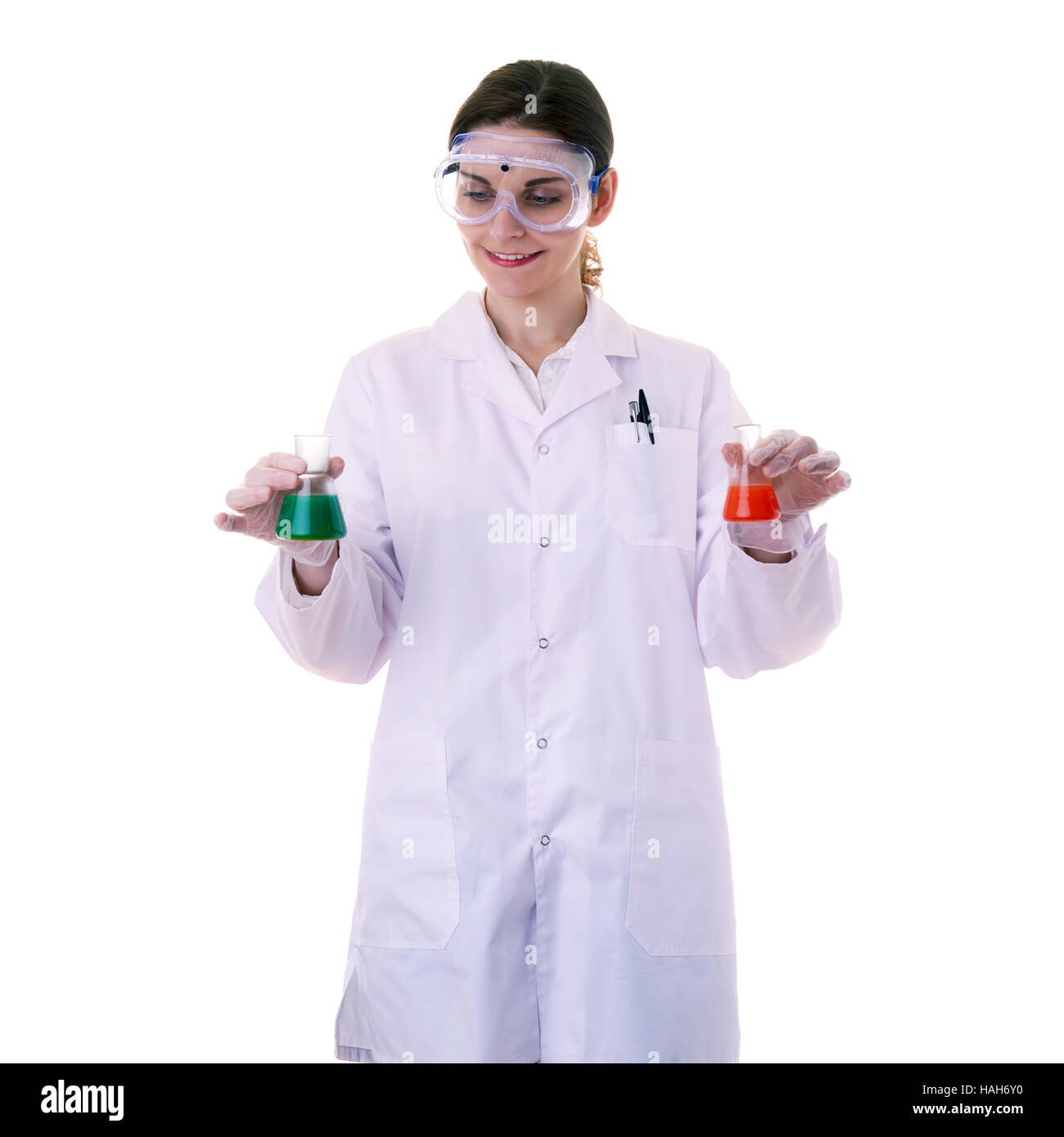 Female assistant scientist in white coat over isolated background Stock ...
