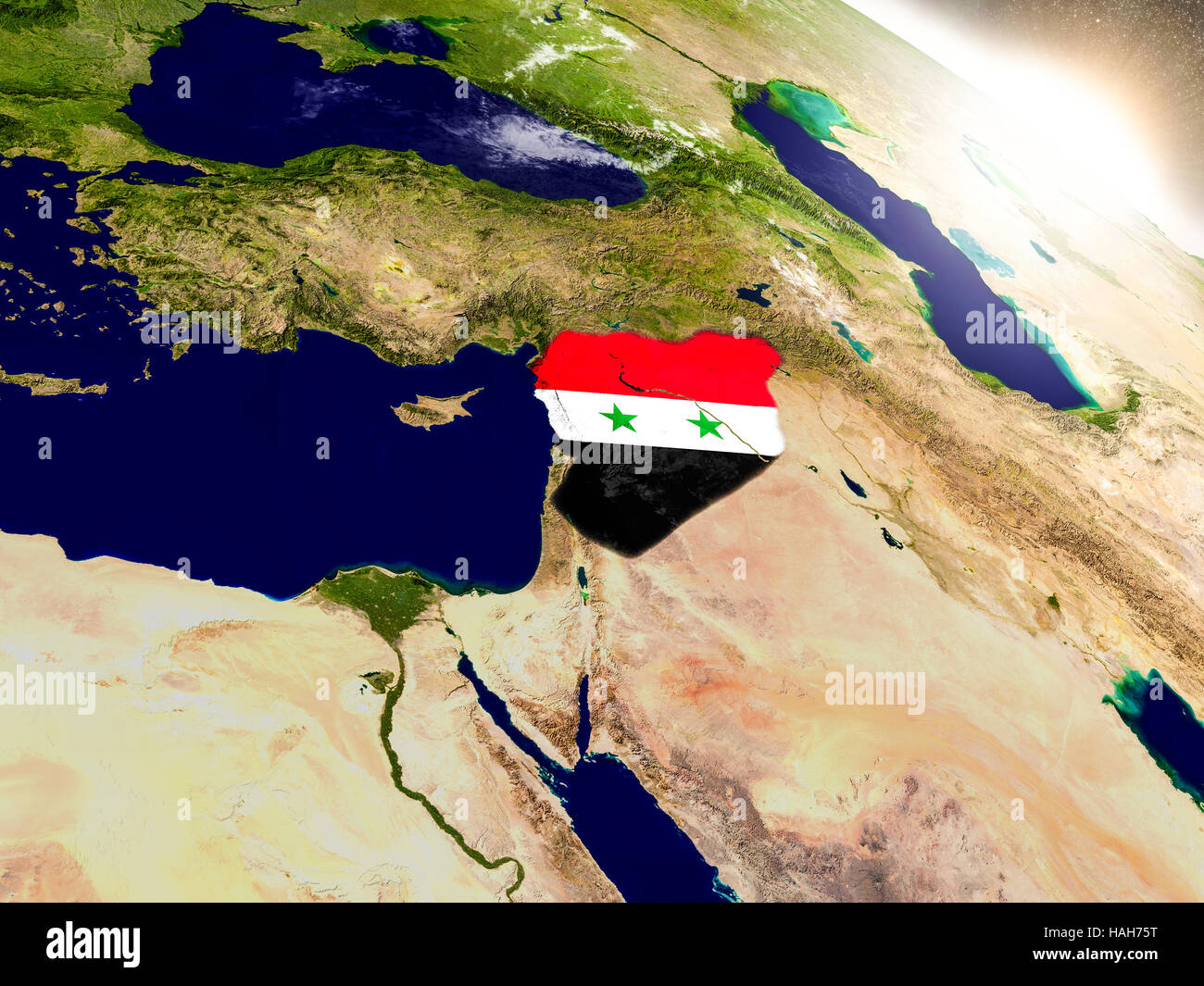 Syria with embedded flag on planet surface during sunrise. 3D ...