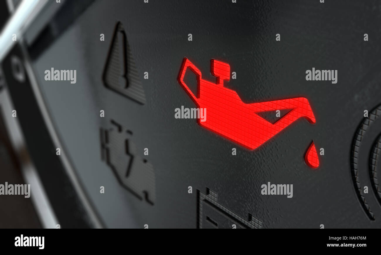 A 3D render of an extreme closeup of an illuminated check oil dashboard ...