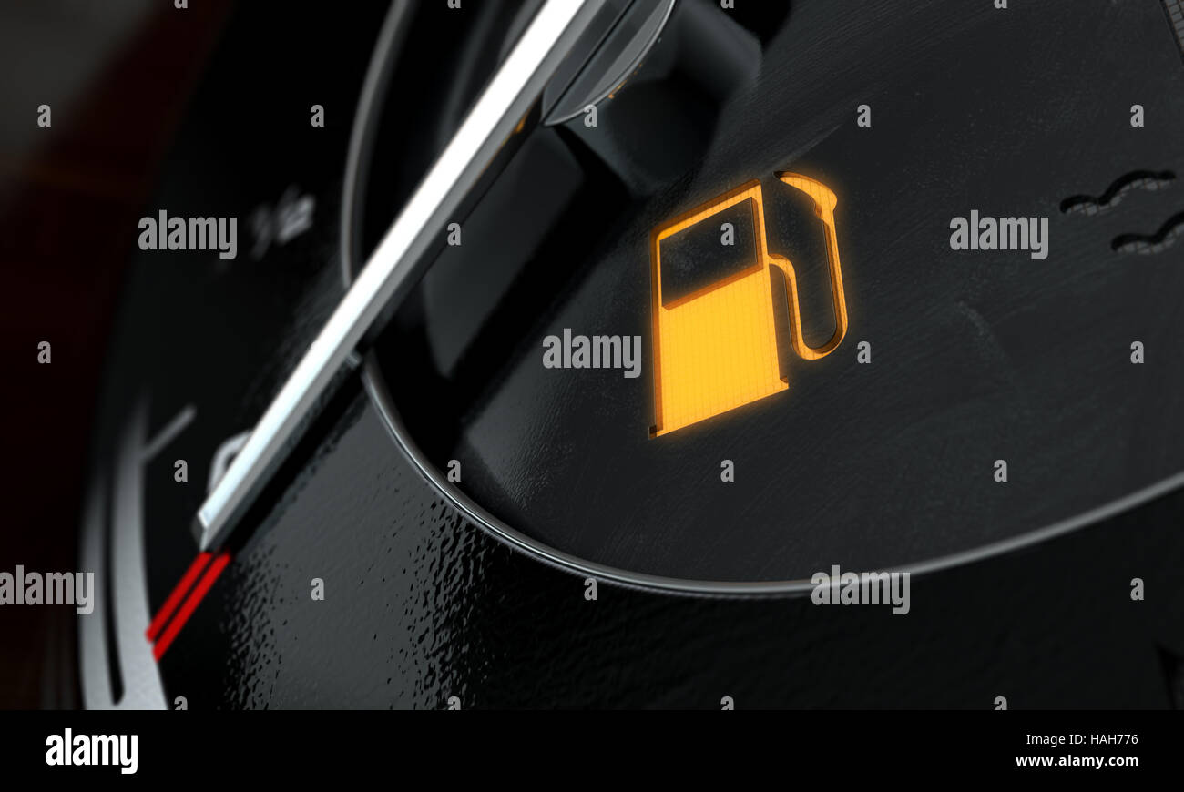 A 3D render of an extreme closeup of an illuminated low petrol fuel ...