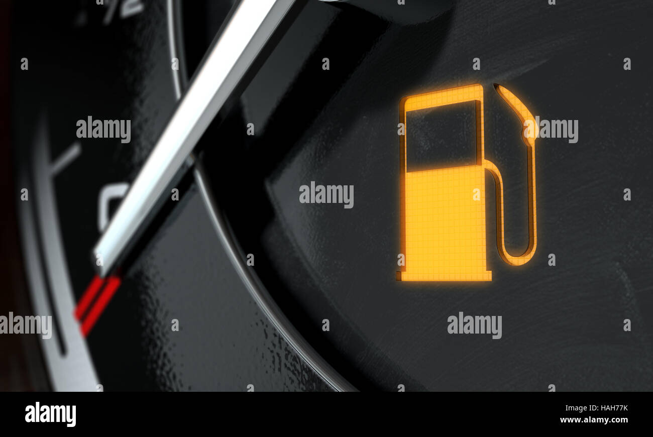 A 3D render of an extreme closeup of an illuminated low petrol fuel ...