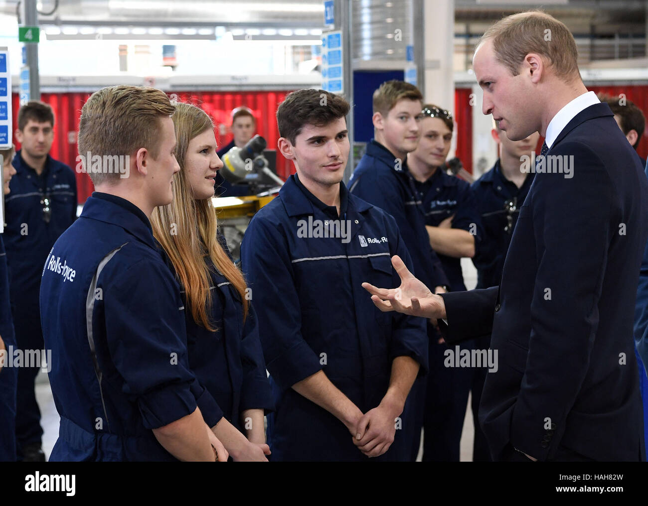 The Duke of Cambridge meets apprentices during a visit to the Rolls ...