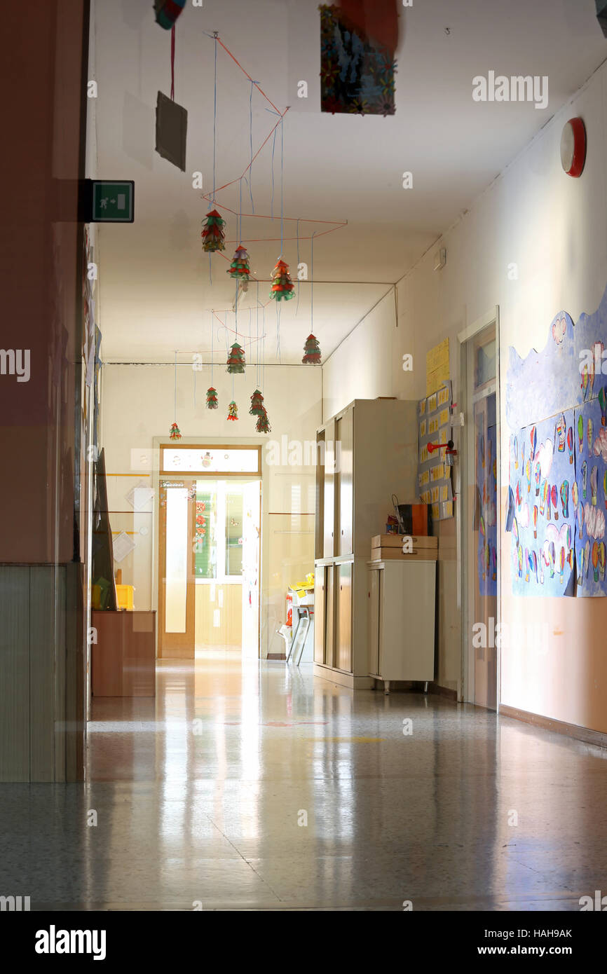 wide school hallway with the drawings on the walls Stock Photo - Alamy