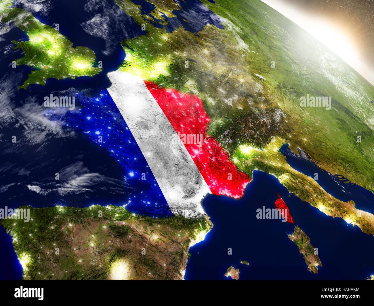 France with embedded flag on planet surface during sunrise. 3D ...