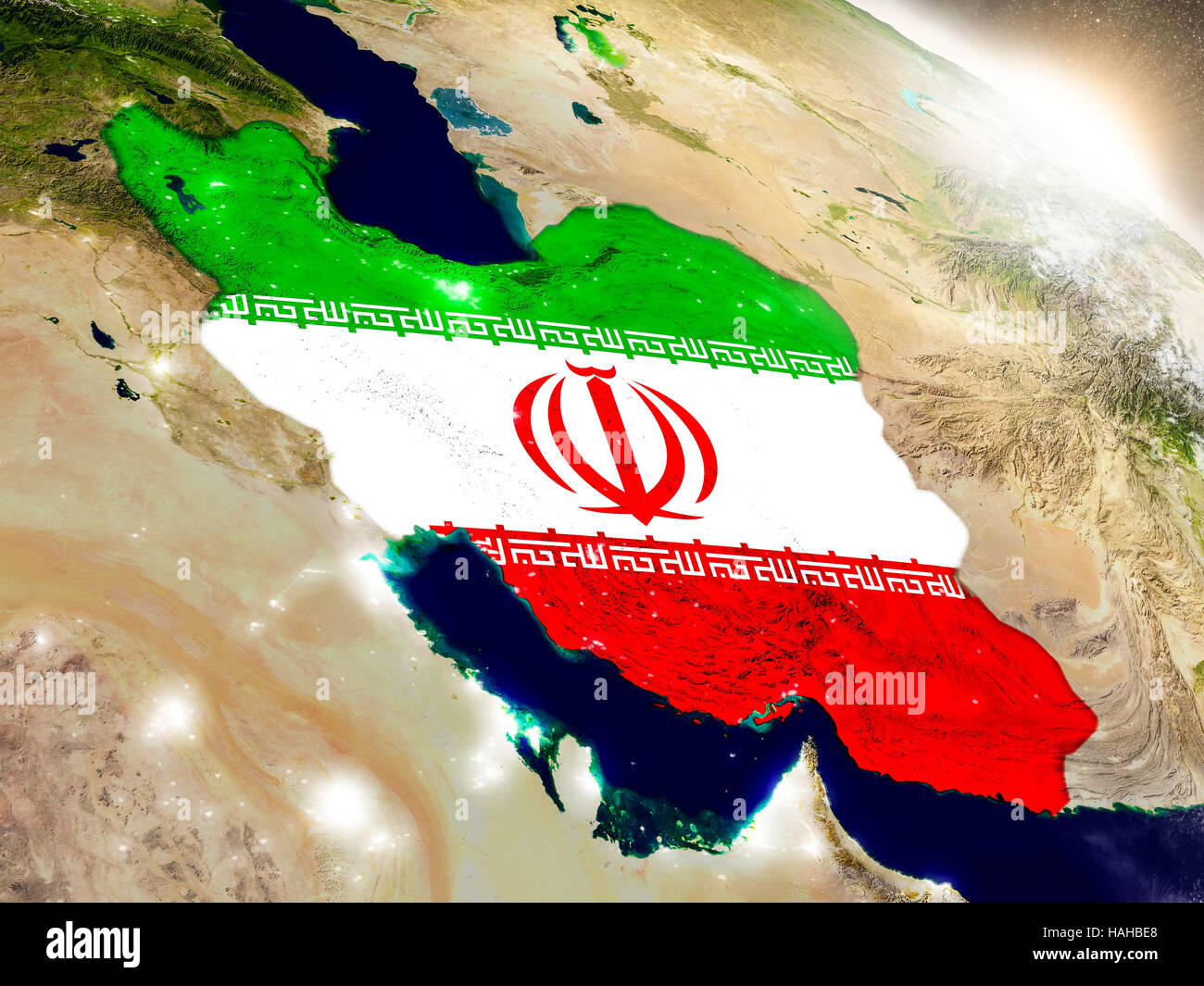 Iran with embedded flag on planet surface during sunrise. 3D ...