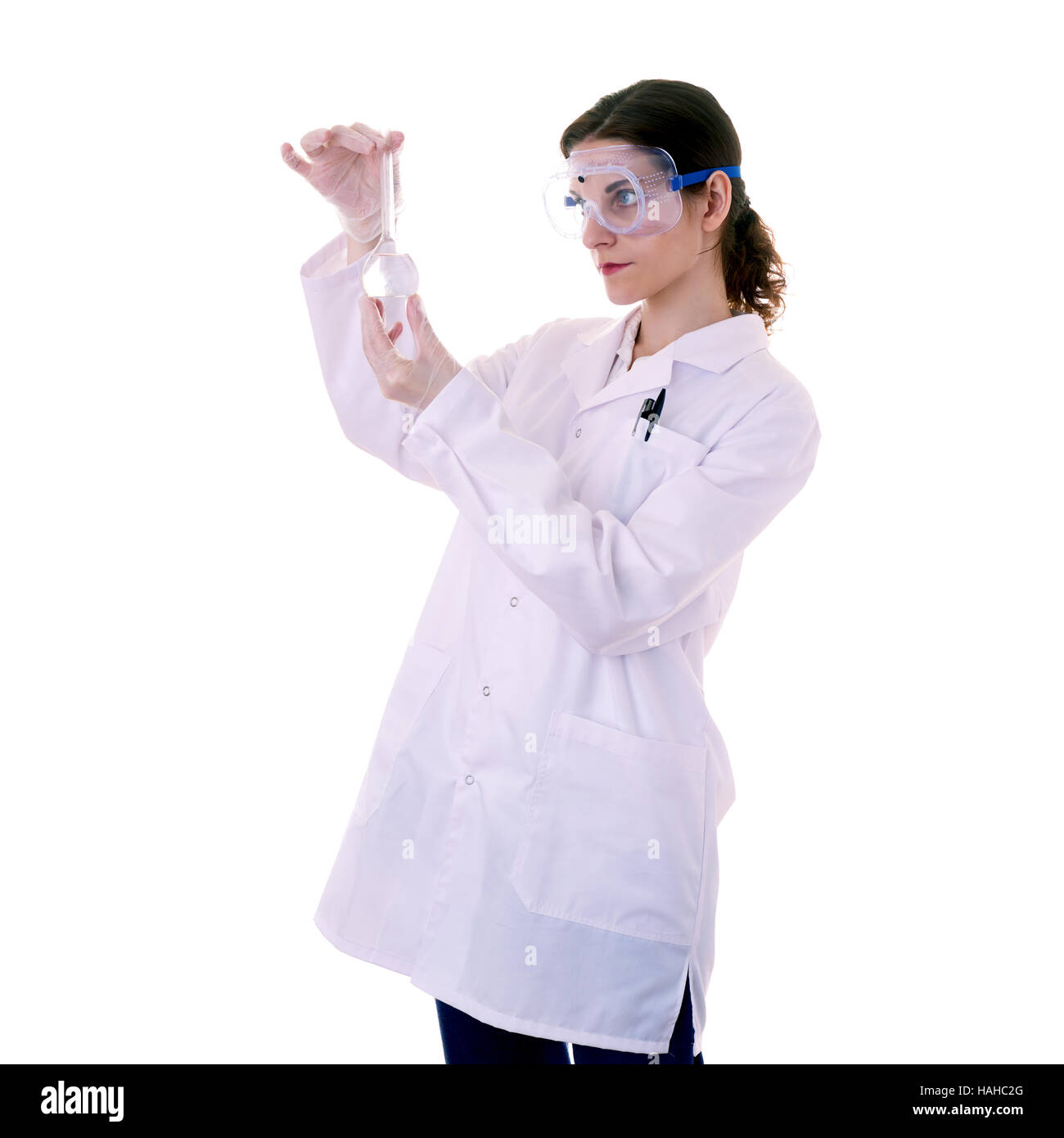 Female assistant scientist in white coat over isolated background Stock ...