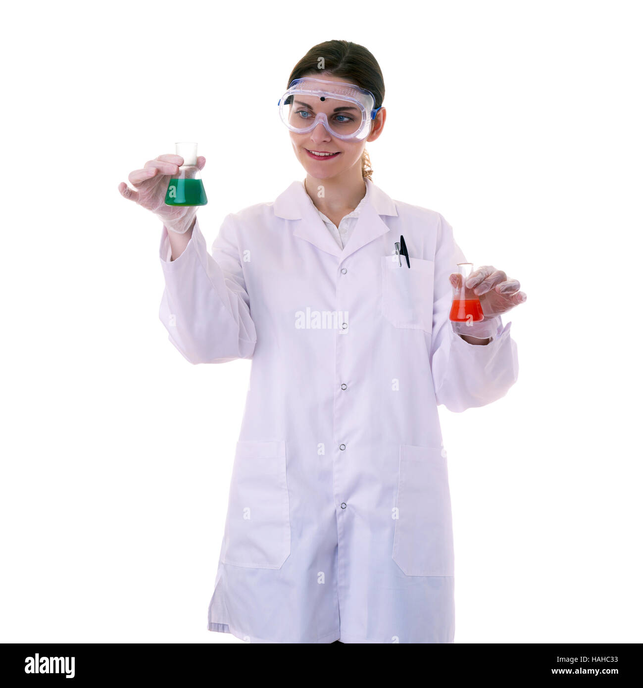 Female assistant scientist in white coat over isolated background Stock ...