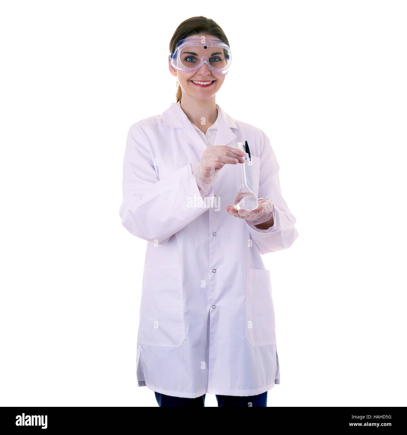 Female assistant scientist in white coat over isolated background Stock ...