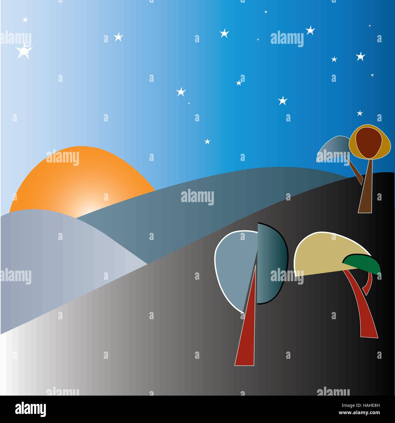sunrise between stars and hills with trees Stock Vector Image & Art - Alamy