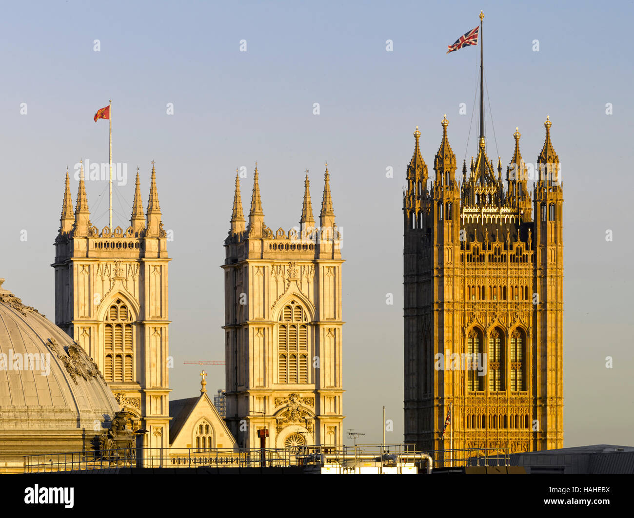 High level view showing Westminster abbey and Houses of Parliment ...