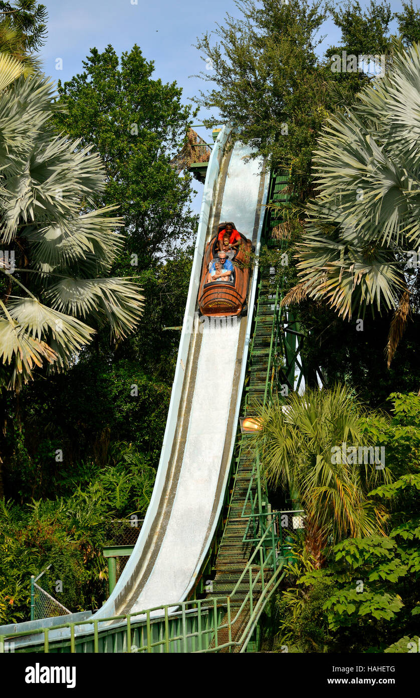 Tourists on Stanley Falls log flume in Busch Gardens Tampa Stock Photo ...