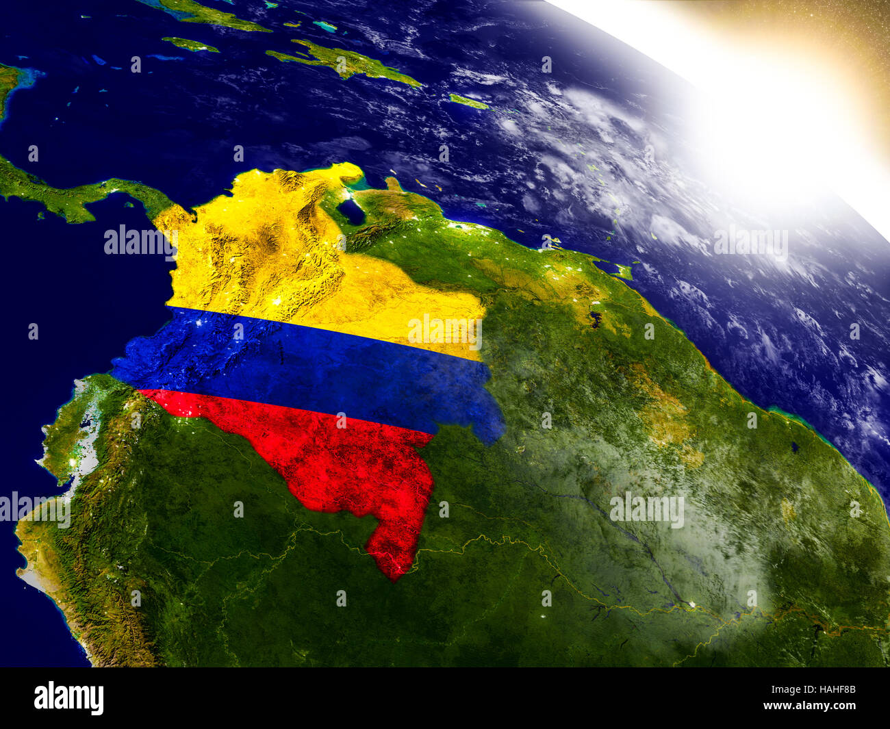 Colombia with embedded flag on planet surface during sunrise. 3D ...