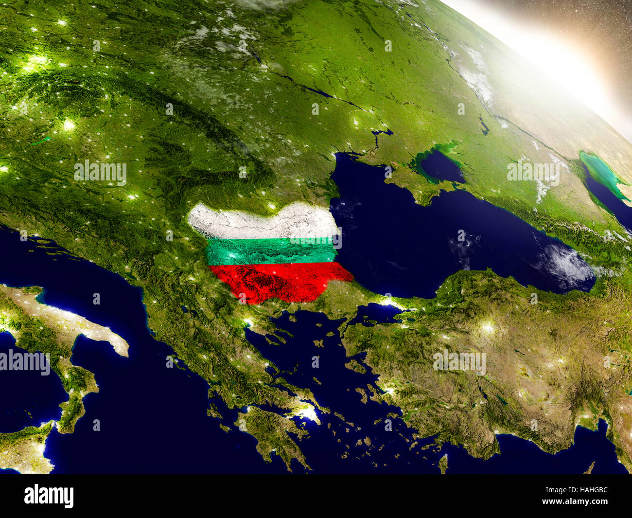 Bulgaria with embedded flag on planet surface during sunrise. 3D ...