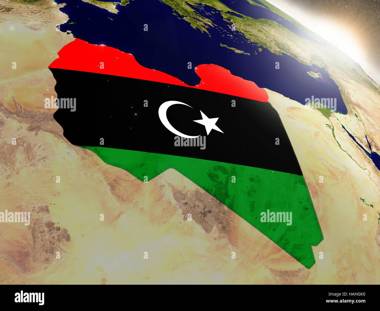 Libya with embedded flag on planet surface during sunrise. 3D ...