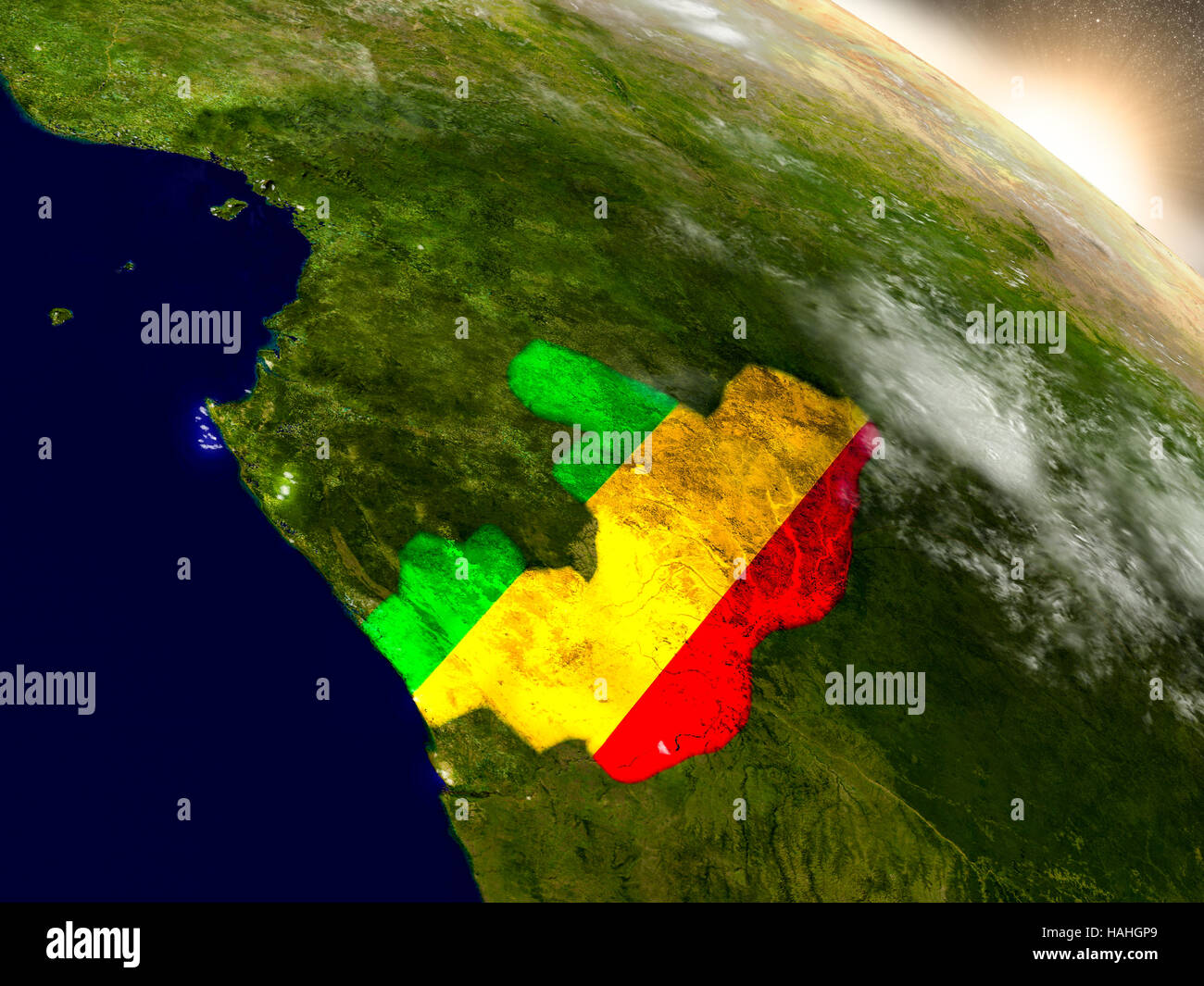 Congo with embedded flag on planet surface during sunrise. 3D ...