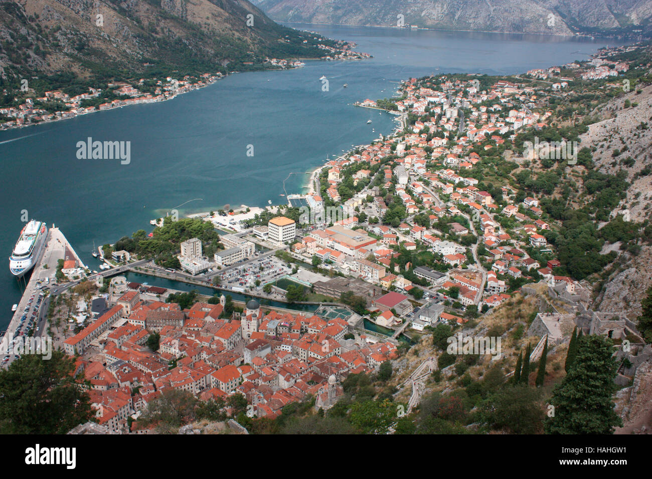 View over Kotor and Kotor Bay from the fort above the town Stock Photo ...