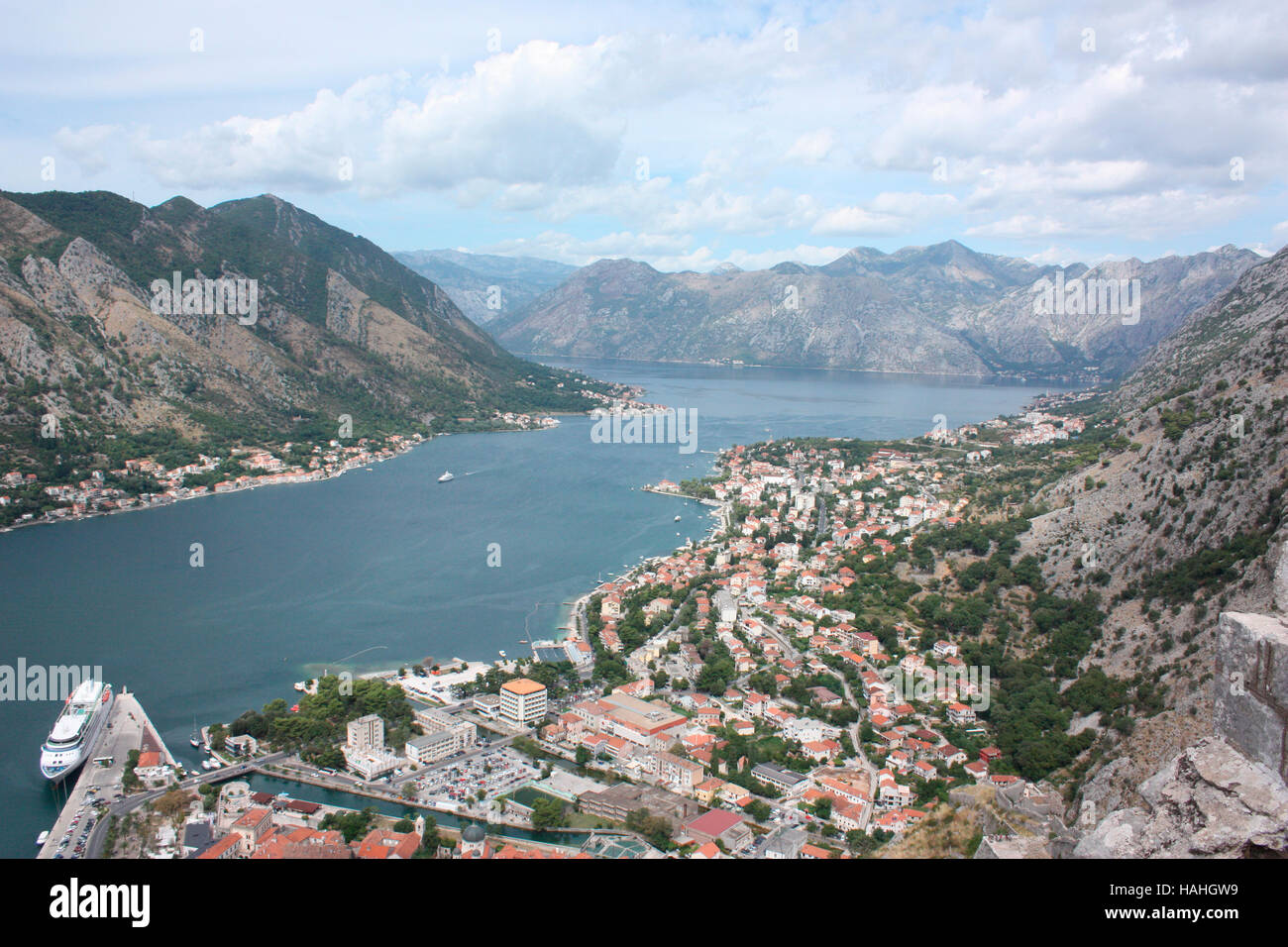 View over Kotor and Kotor Bay from the fort above the town Stock Photo ...