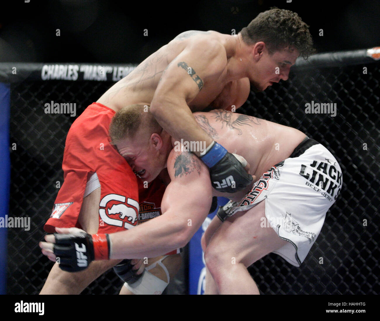 Brock Lesnar, right, fights Frank Mir during UFC 100 at the Mandalay ...