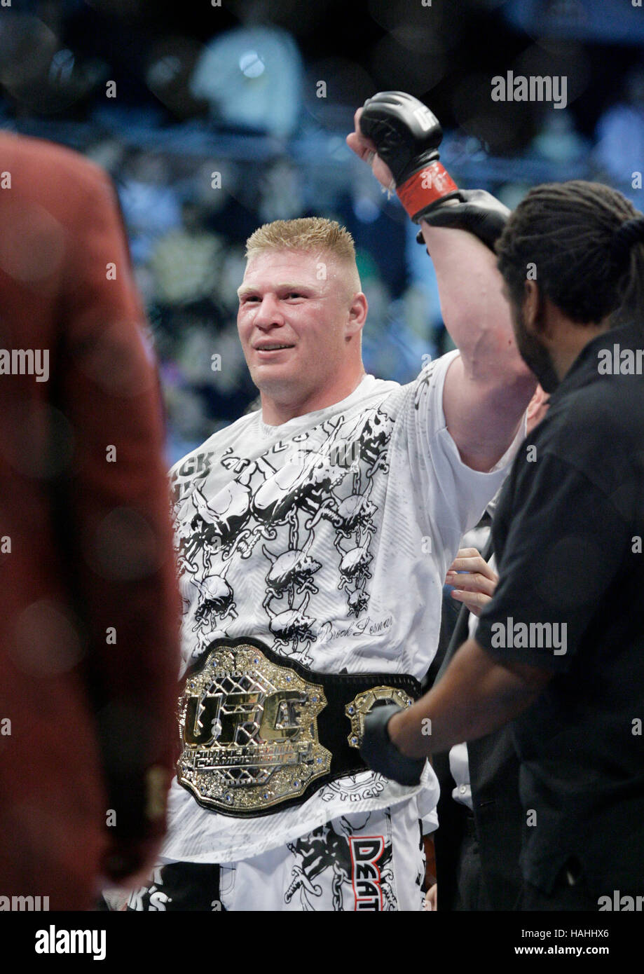 Brock Lesnar after his victory over Frank Mir at UFC 100 at the ...