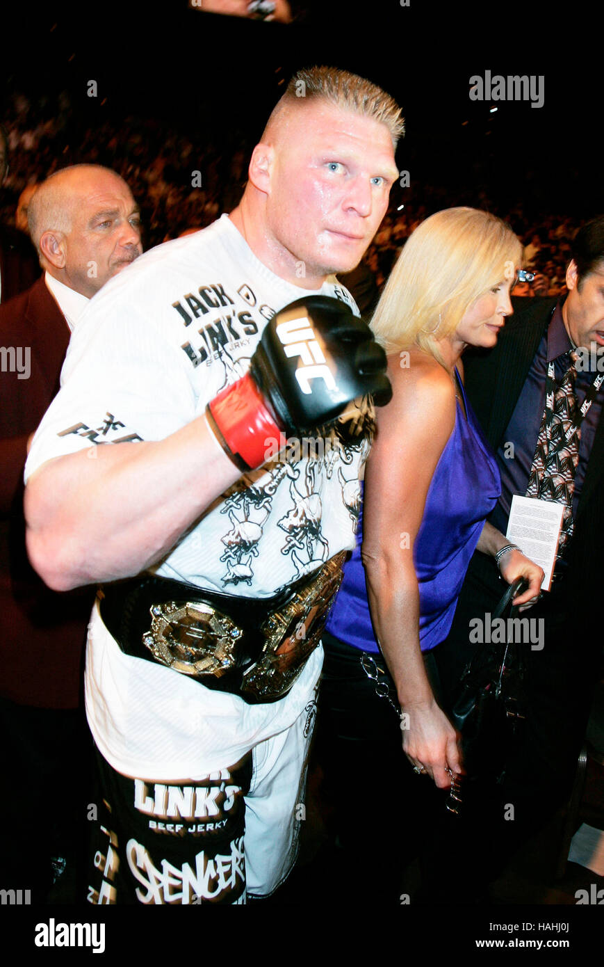 Brock Lesnar after his victory over Frank Mir at UFC 100 at the ...