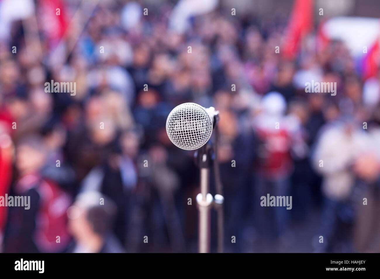 Street protest. Political rally. Microphone in focus against blurred ...