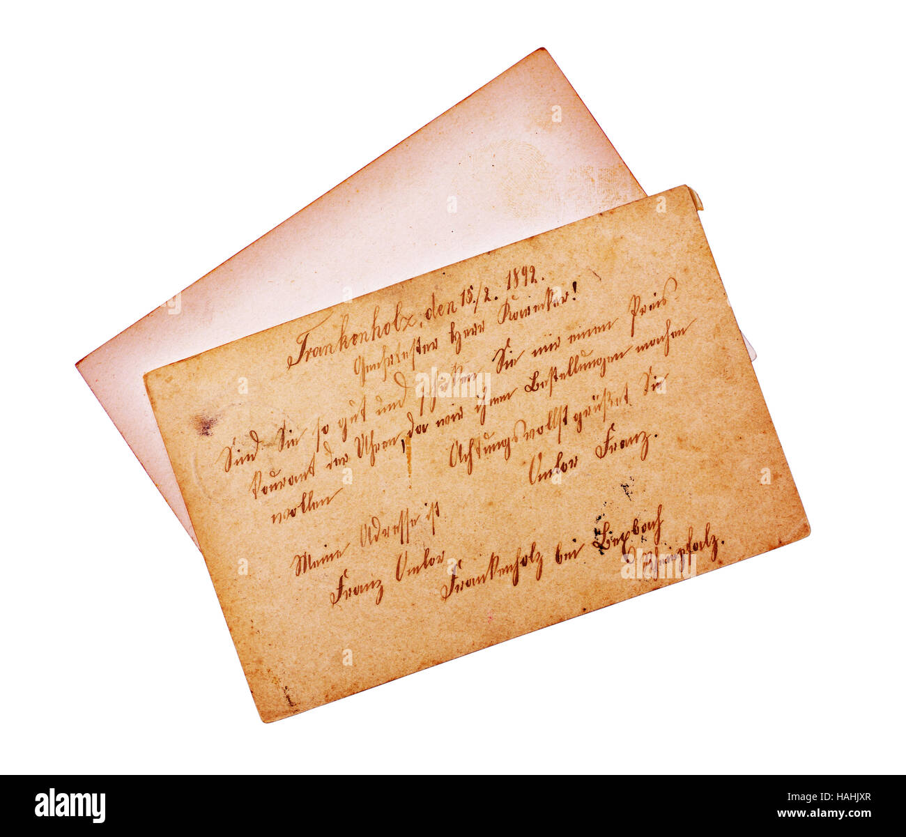 Vintage postcards with handwriting text isolated on white background ...