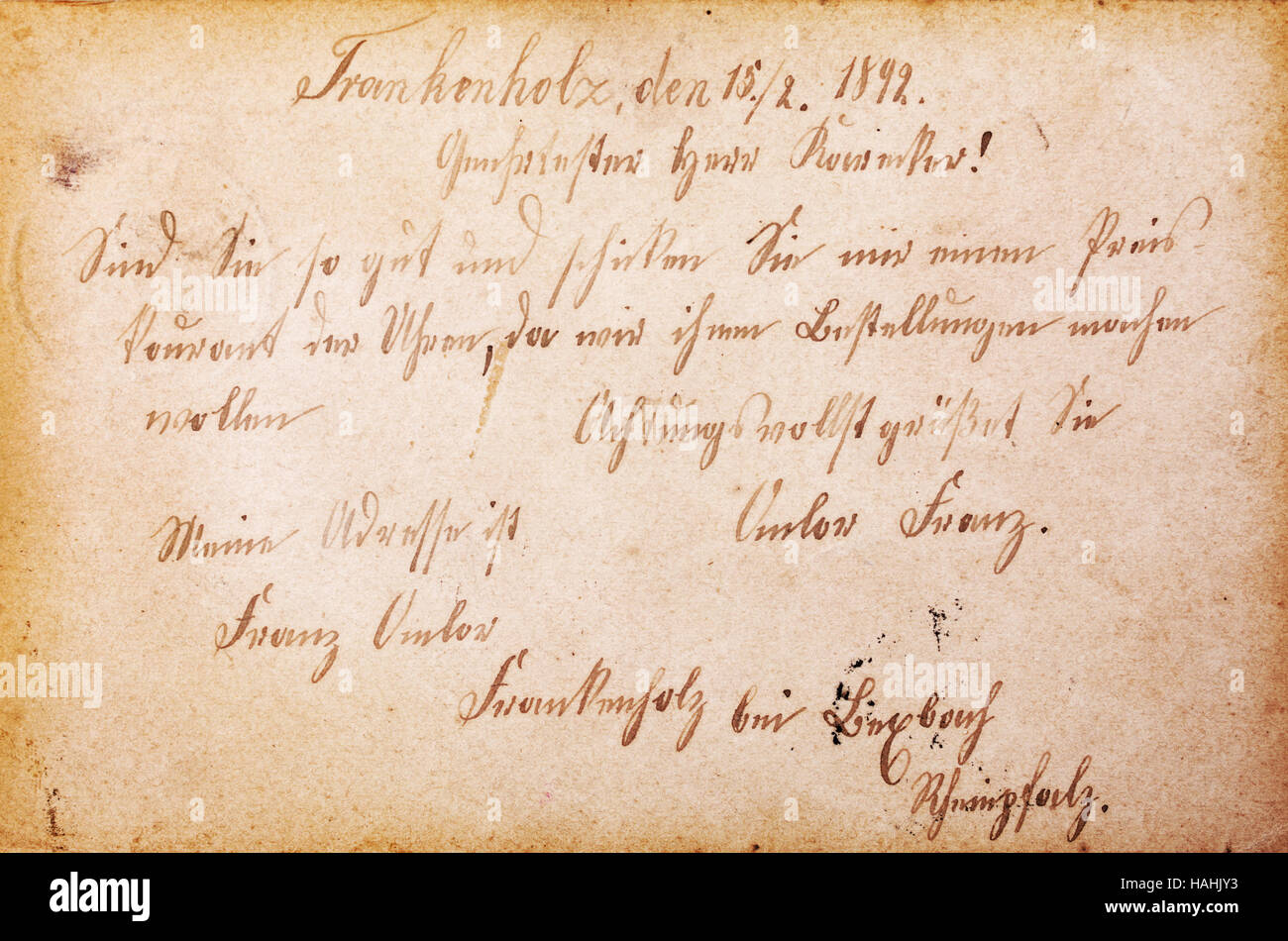 Vintage postcard with handwriting text isolated on white background ...