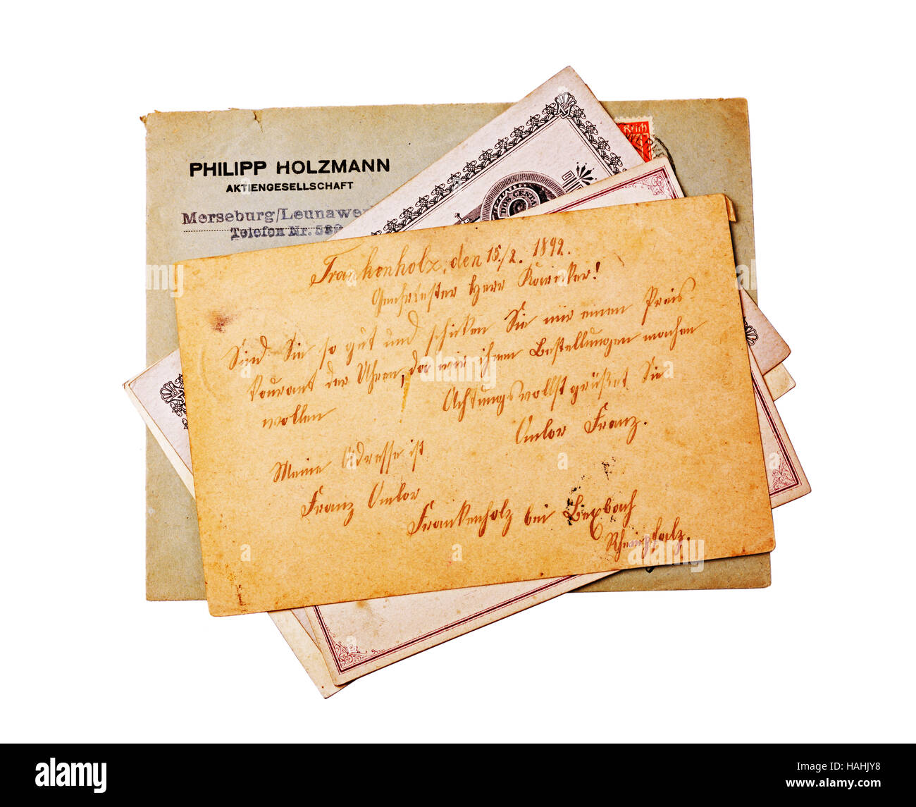 Vintage postcards with handwriting text isolated on white background ...