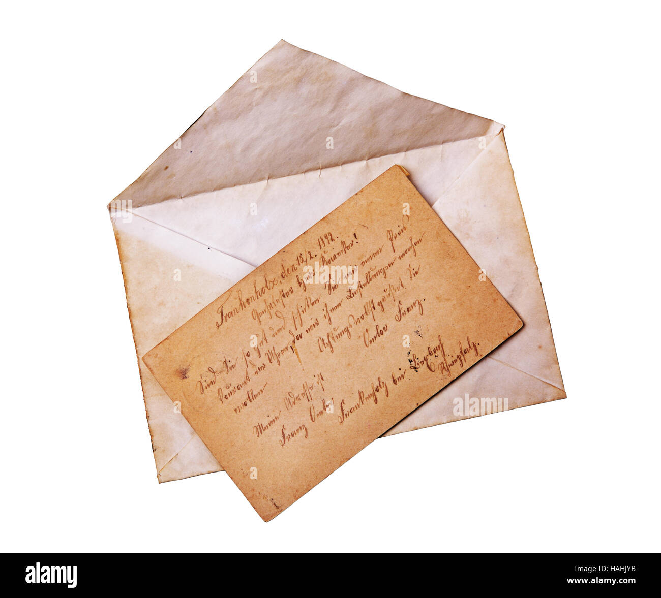 Vintage envelope and postcard with handwriting text isolated on white ...