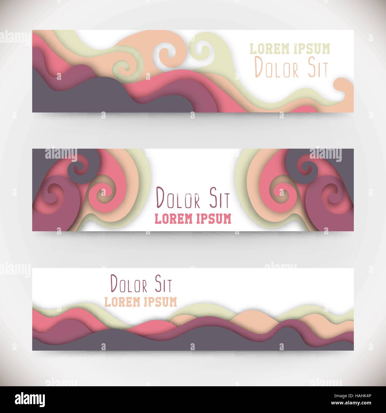 Three colorful horizontal banners with curved shapes as a wave or hill ...