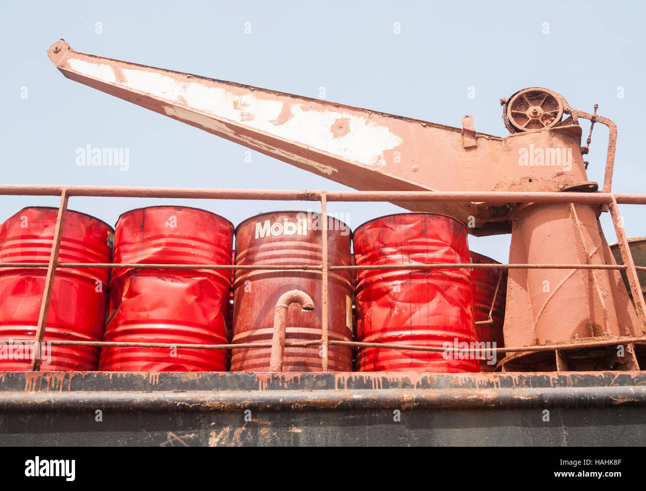 Mobil oil barrels on ship Stock Photo - Alamy