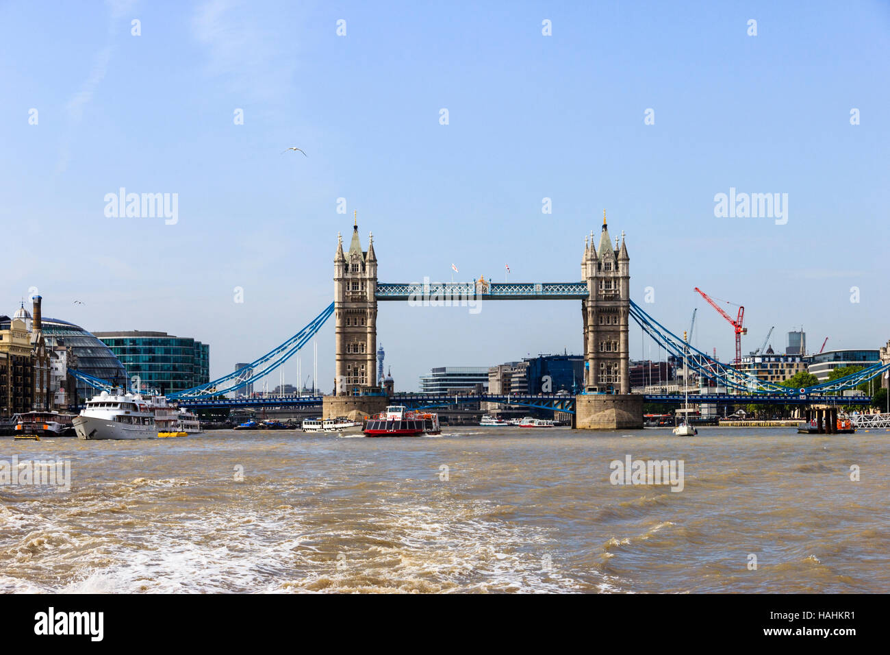 Tower Bridge from the River Thames looking upriver, London, UK Stock ...