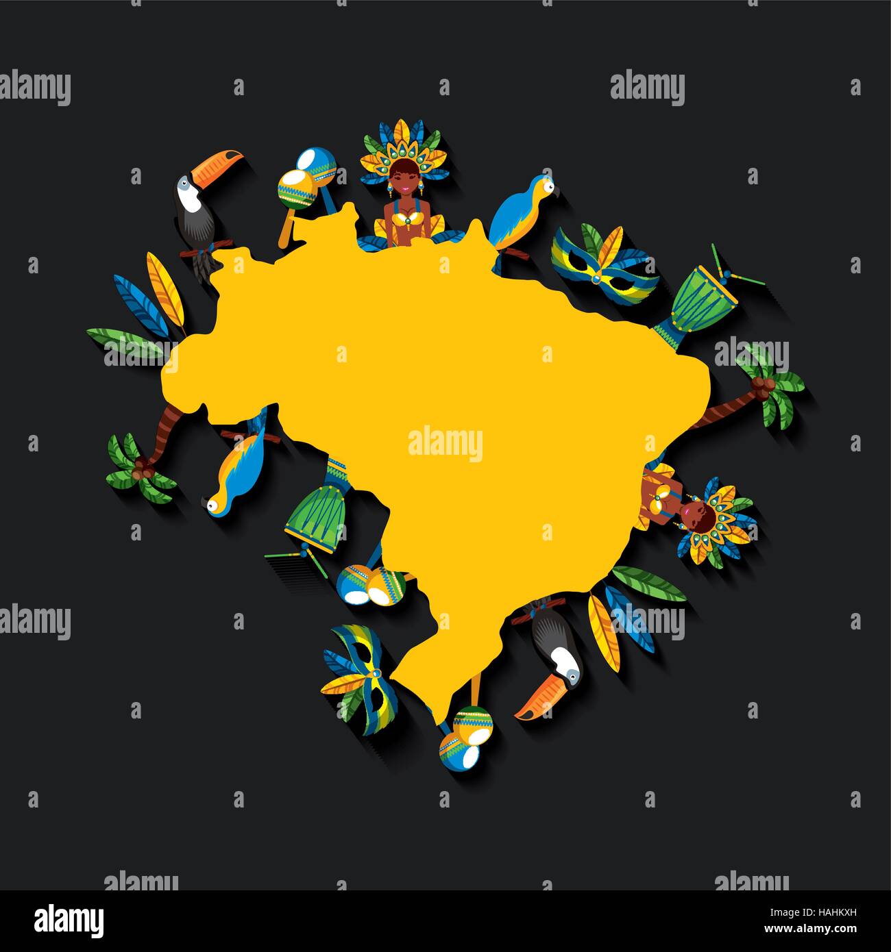 brazil country map with brazilian culture iconics around over black ...