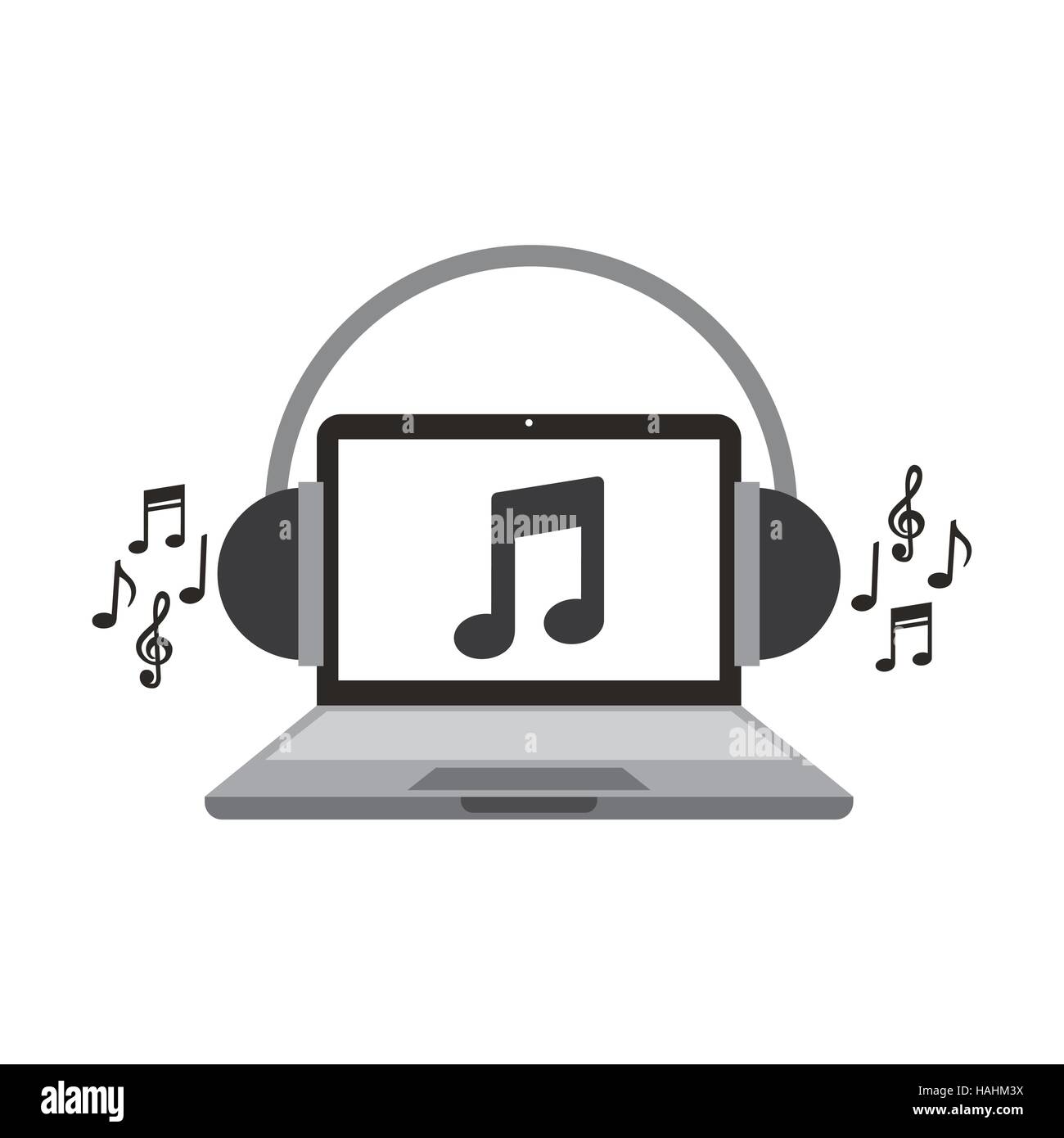 laptop computer with musical note and heaphones over white background ...