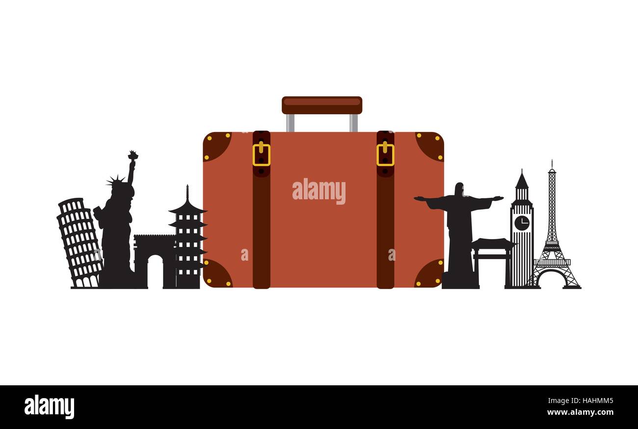 silhouette of iconics monuments of the world and brown suitcase icon ...