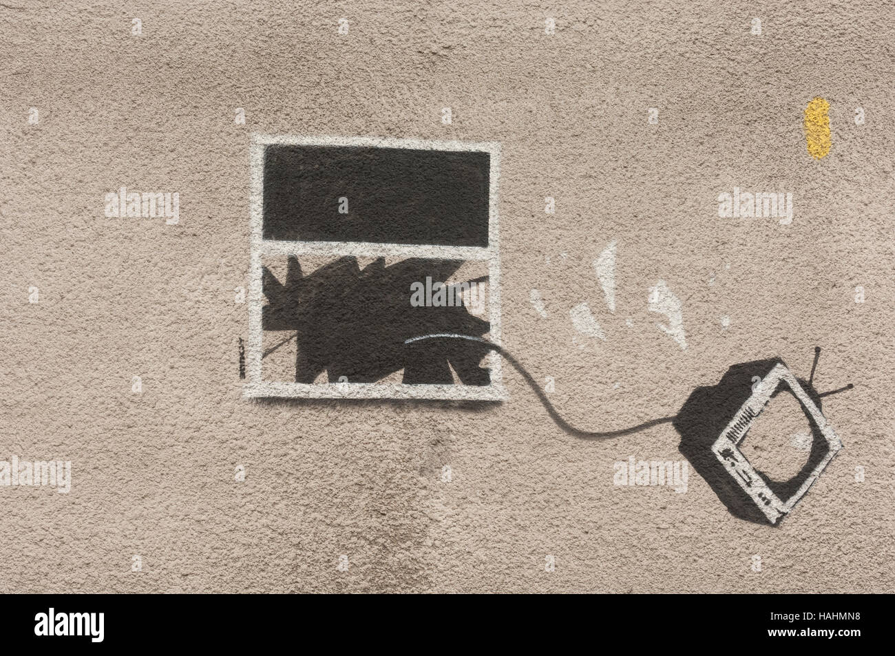TV being thrown through a window stenciled Street Art, by the Street ...