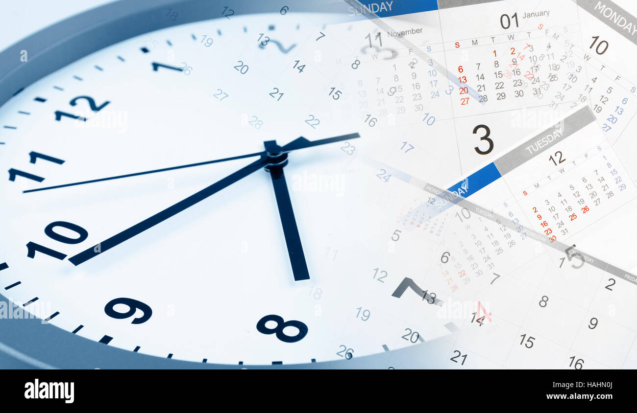 Clock face and calendars composite Stock Photo - Alamy