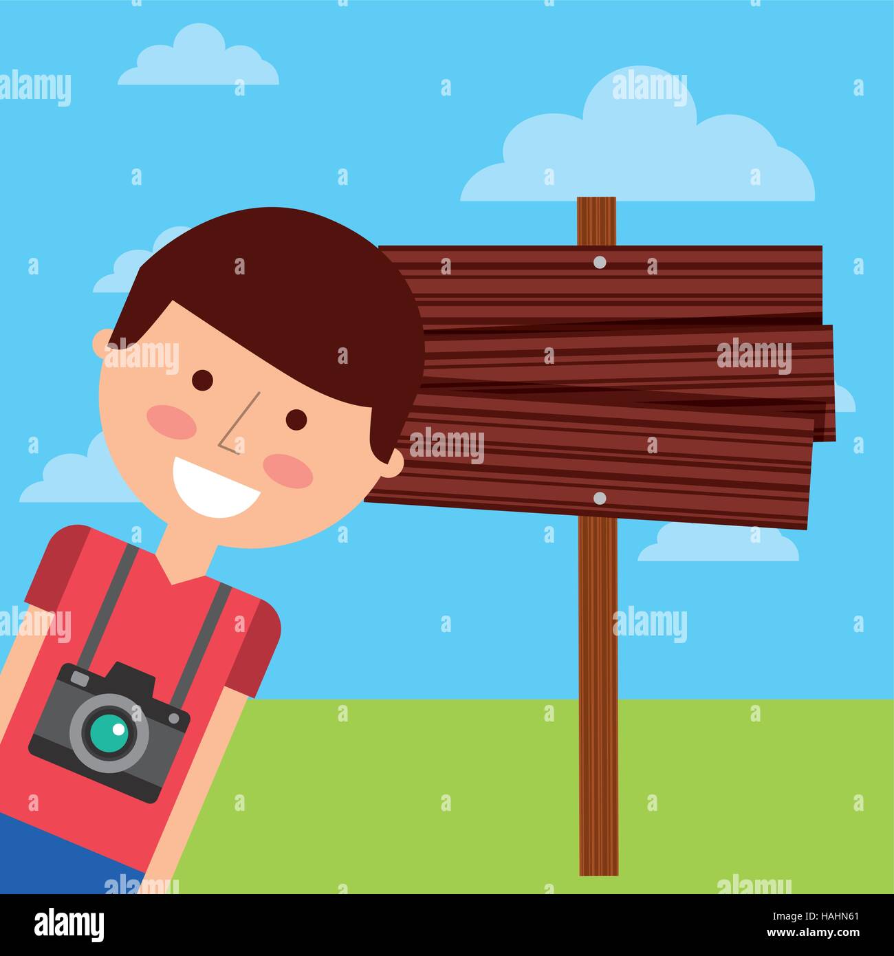 cartoon man with camera device around his neck and wooden road sign ...