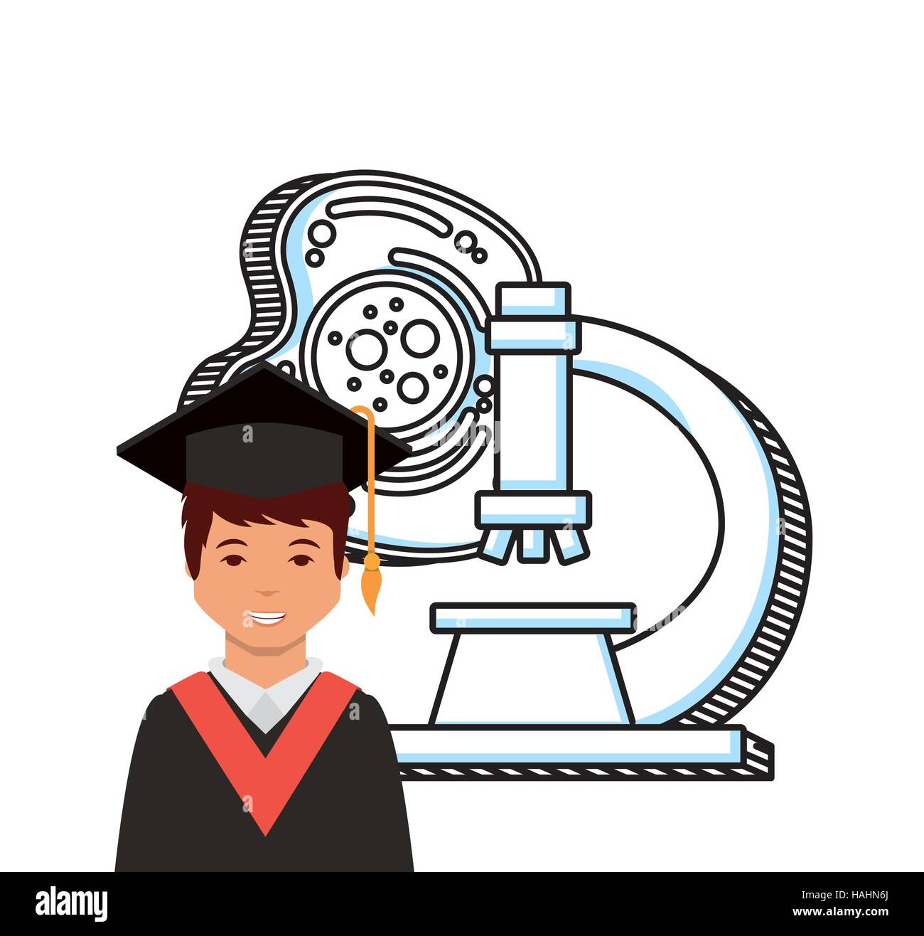 cartoon graduate man over microscope icon and white background ...