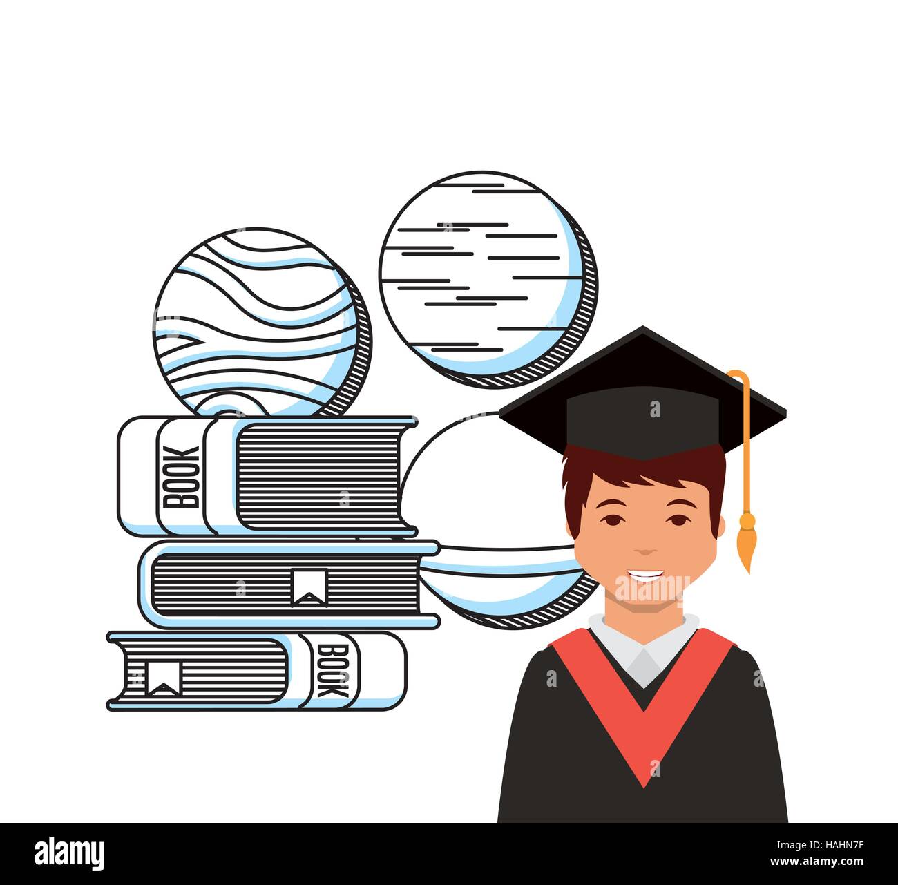 cartoon graduate man and stack of academic books icon over white ...