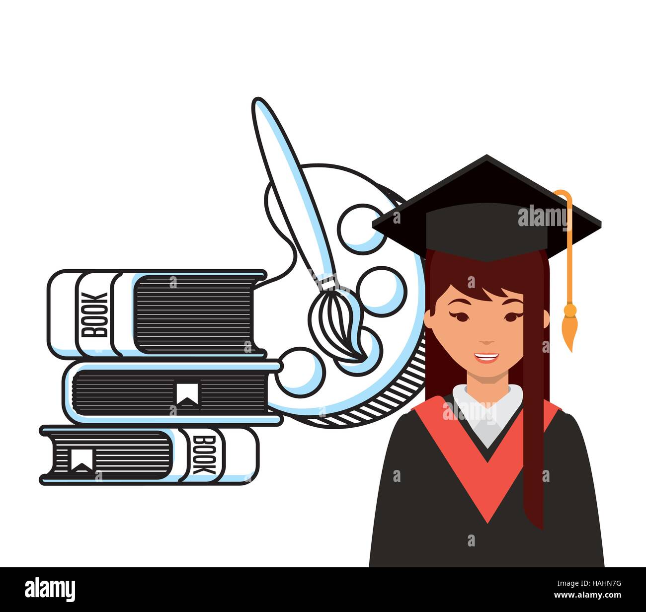 cartoon graduate woman with stack of books and paint palette icon over ...