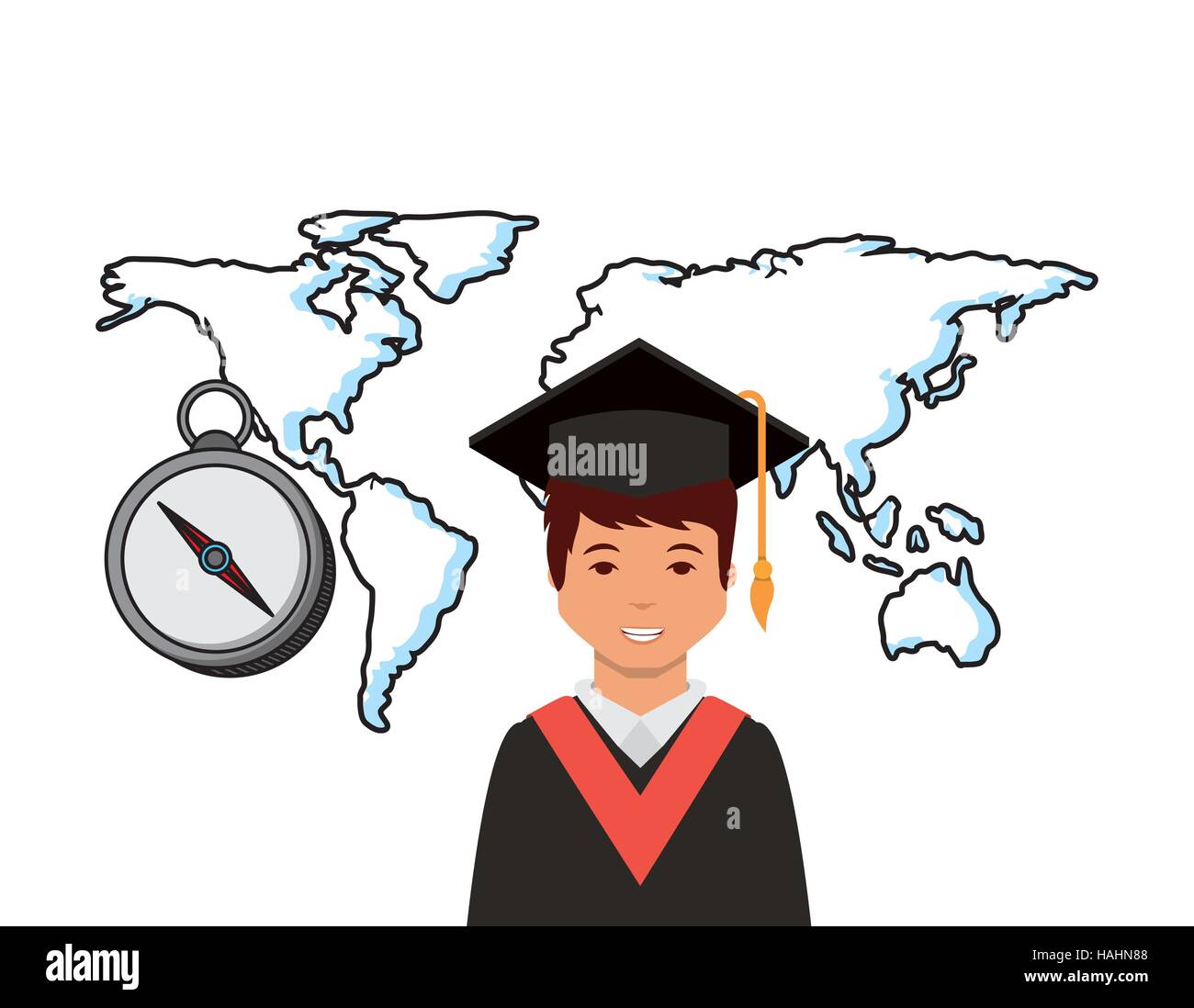 cartoon graduate man icon over world map and white background. colorful ...