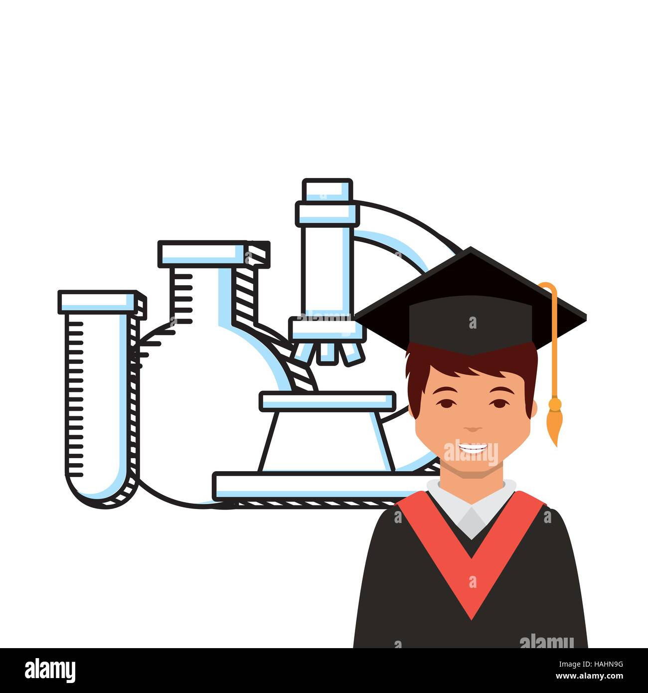 cartoon graduate man and microscope and chemestry tool icon over white ...