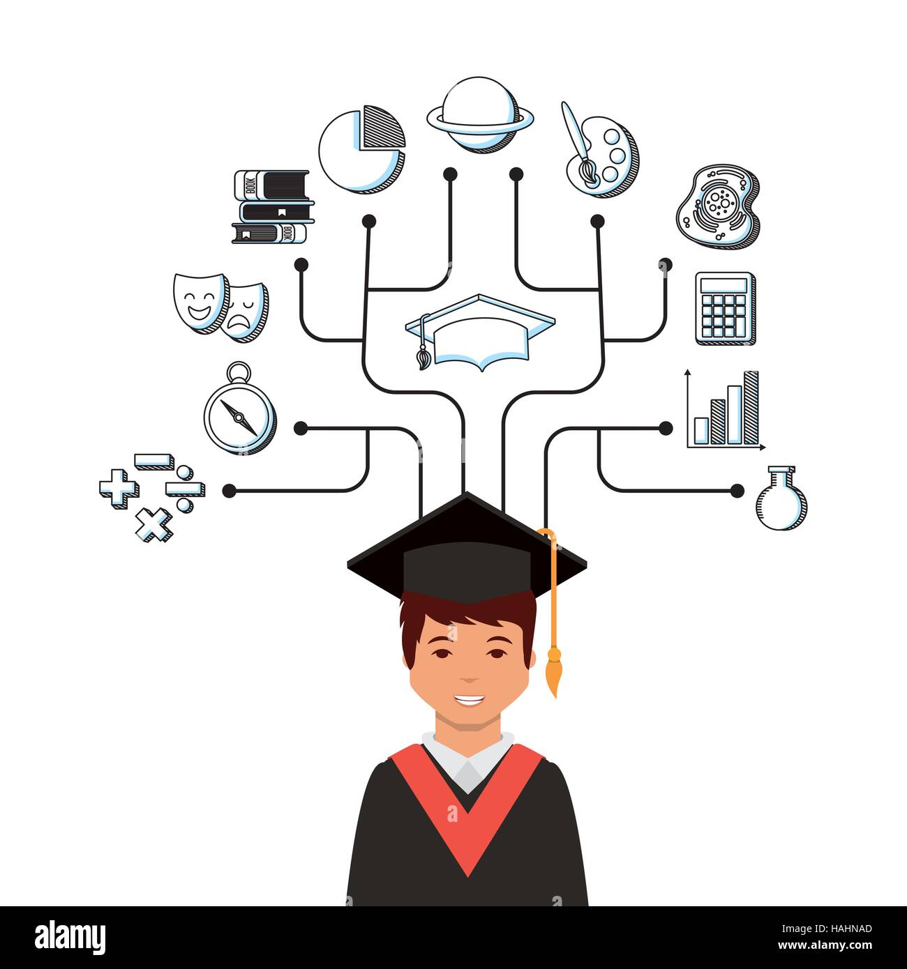 cartoon graduate man and academic icons around over white background ...