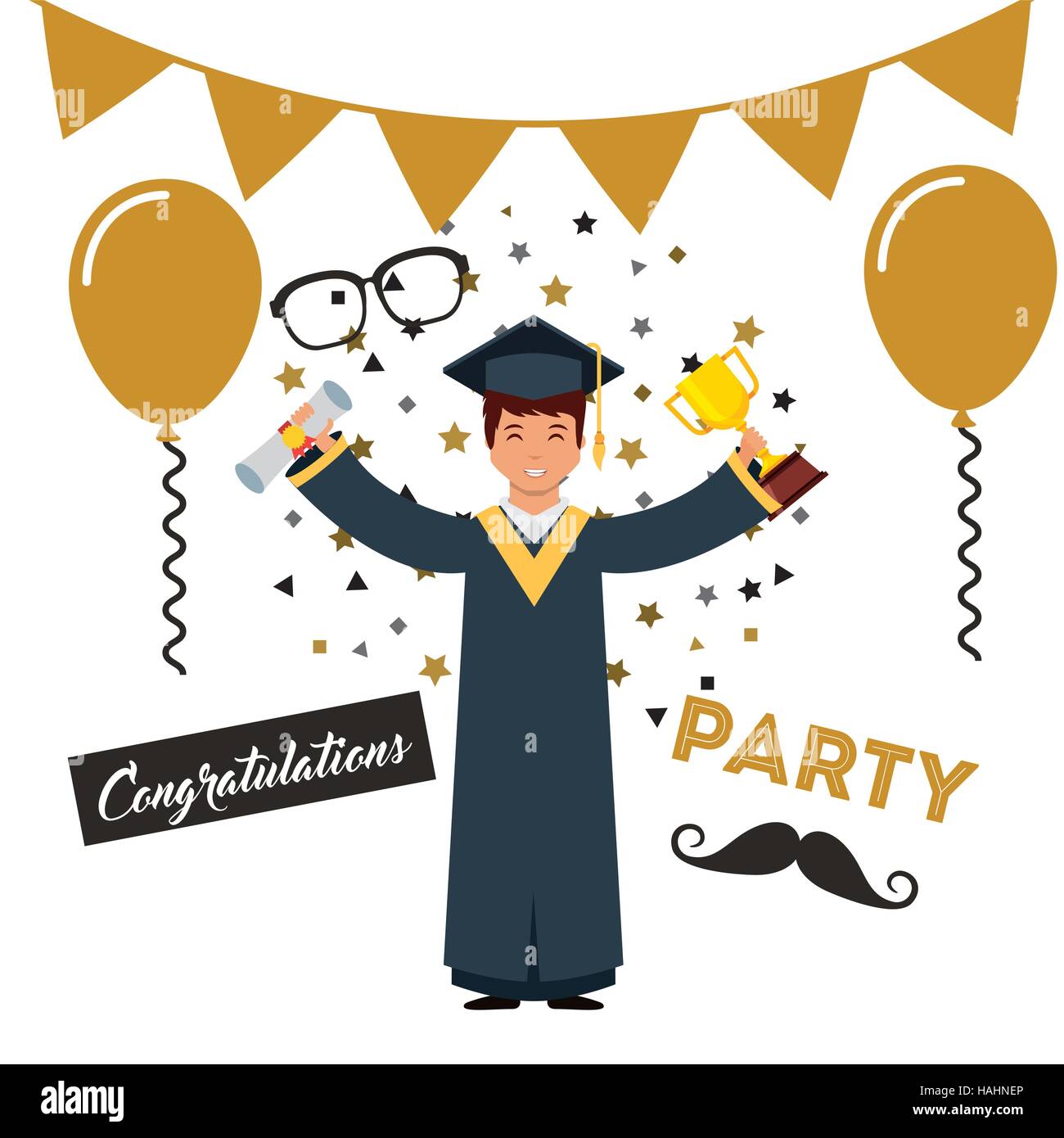 cartoon graduate man with celebration decoration icons over white ...