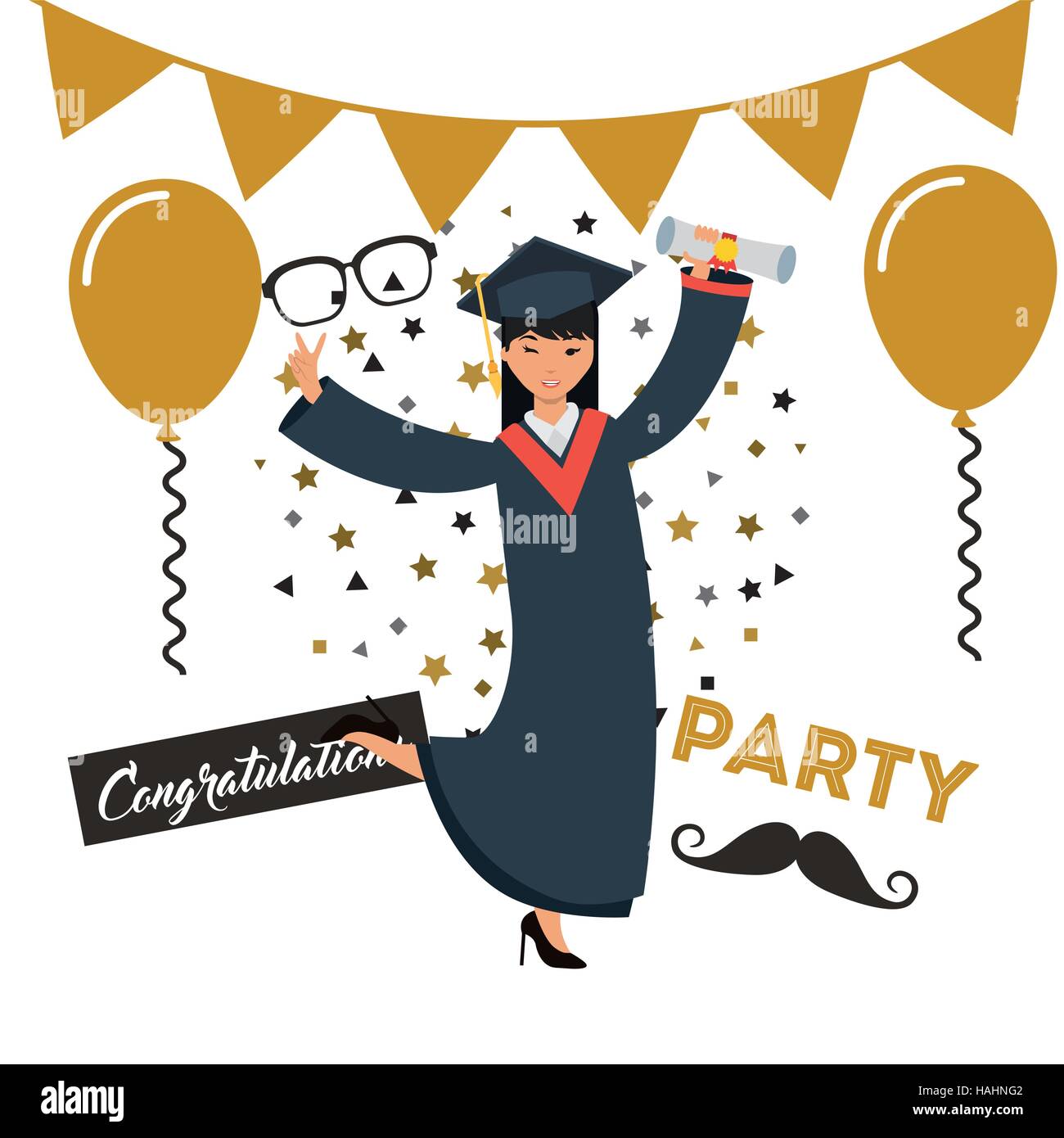 cartoon graduate woman with graduation gown and hat and celebration ...