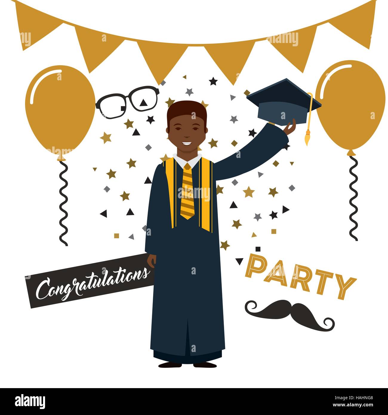 cartoon graduate man with celebration decoration icons over white ...