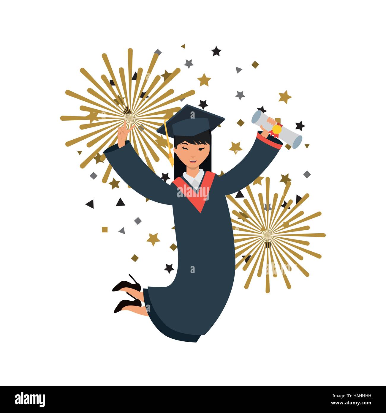 cartoon graduate happy woman with graduation gown and hat icon over ...