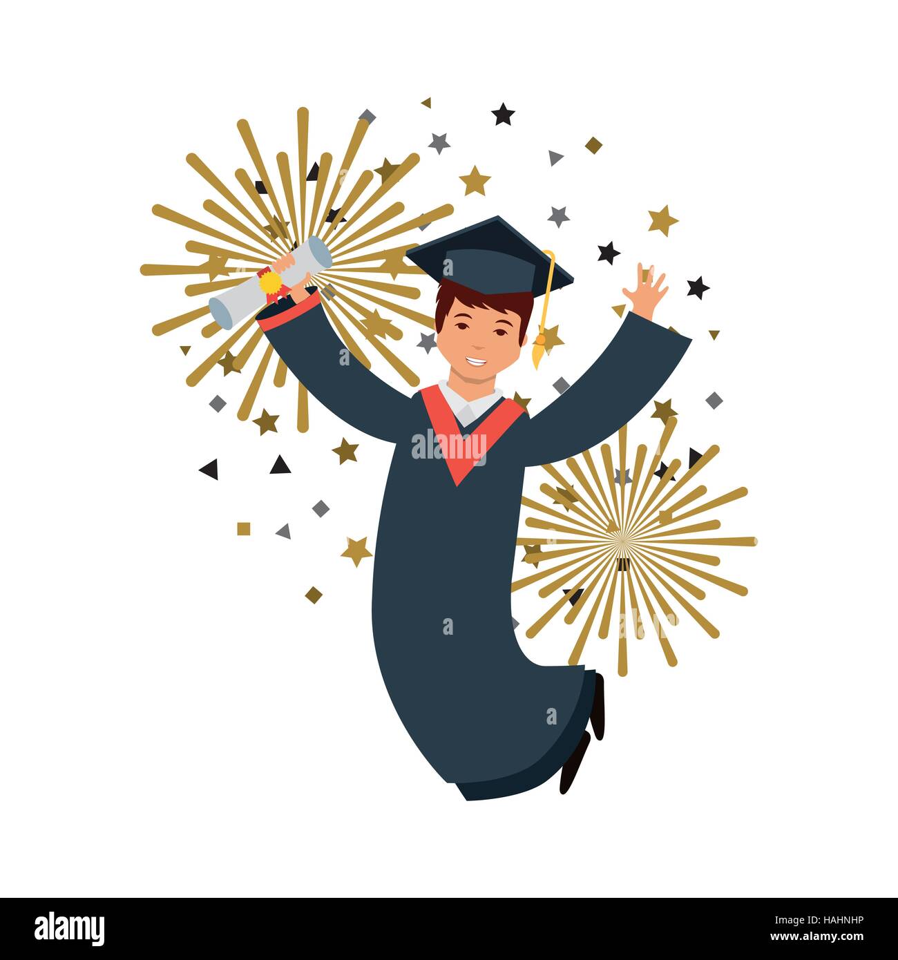 cartoon graduate happy man jumping icon over white background. colorful ...